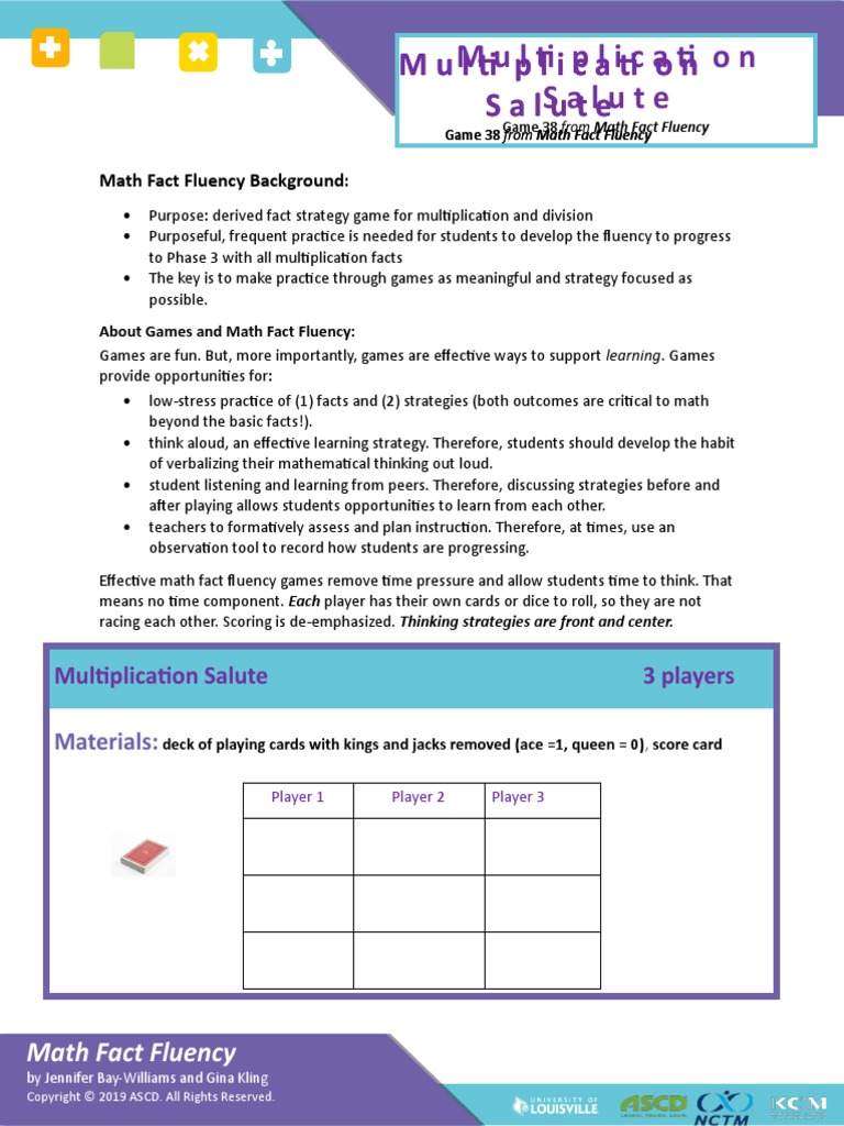 MathFactFluency Game 38 Multiplication Salute Teacher | PDF