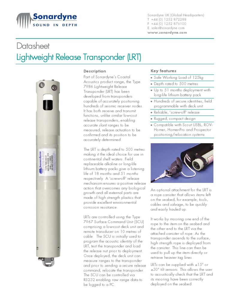 Sonardyne - 7986 - Lightweight Release Transponder (LRT) | PDF