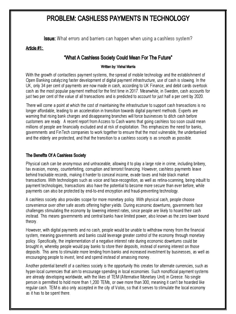 Problem: Cashless Payments in Technology: Issue: What Errors and ...