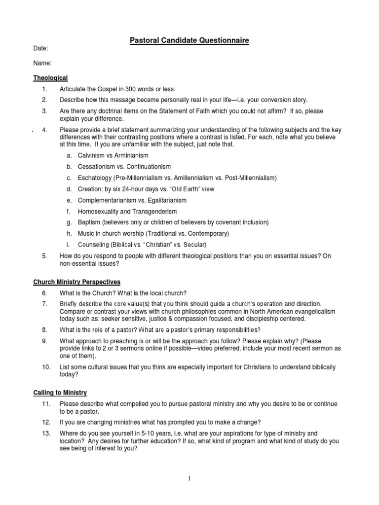 Pastoral Search Questionnaire | PDF