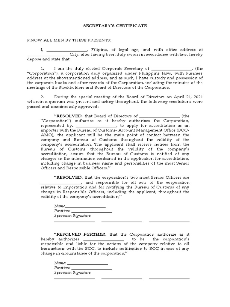 Secretary Certificate Boc - Importation 042221 | PDF | Board Of ...