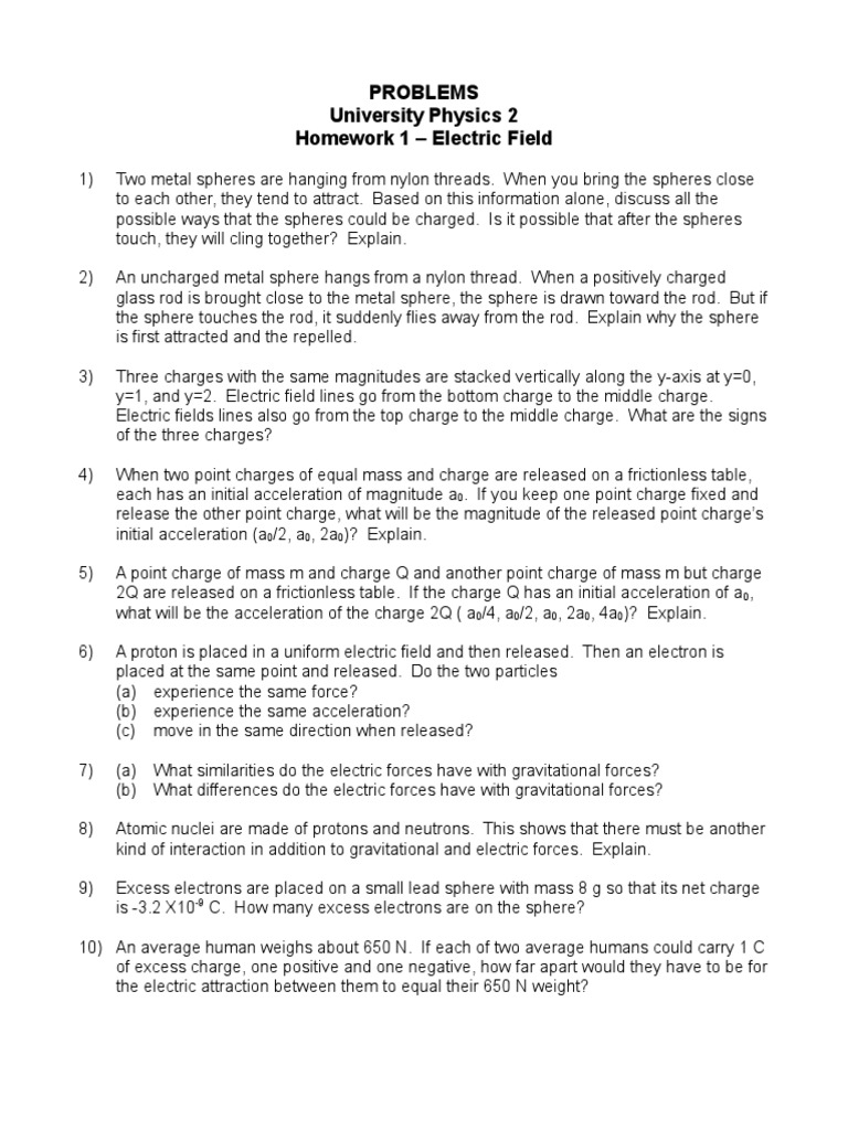 PROBLEMS - University Physics 2 - Homework 1 - Electric Field | PDF ...