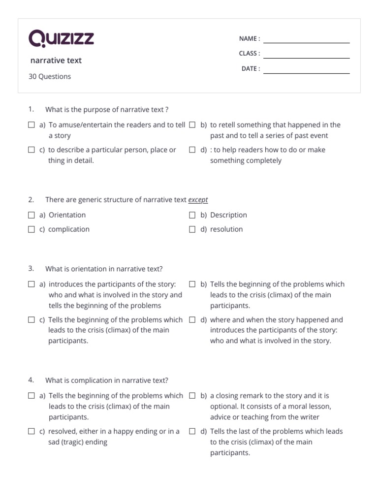 Narrative Text Quiz and Structure Guide | PDF | Fairy Tales | Legends