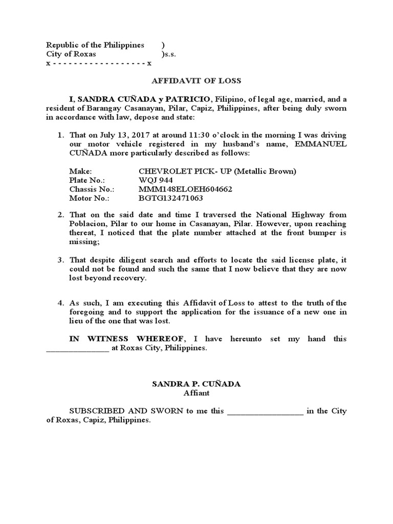 Affidavit of Loss for Plate Number | PDF
