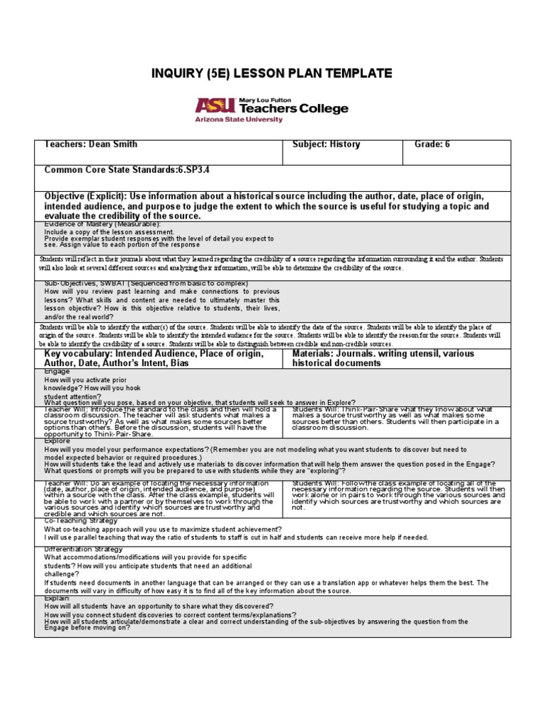 Sed 398 Asu 5 e Lesson Plan | PDF