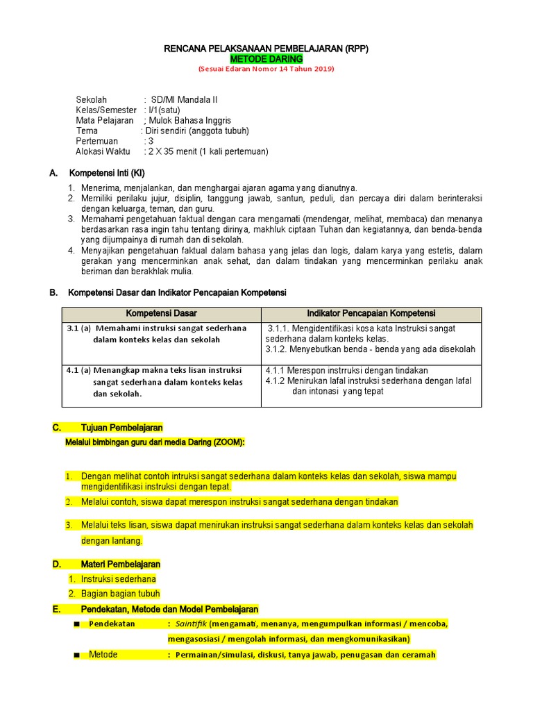 RPP Kelas 1 Tema 1 Pert 3 | PDF