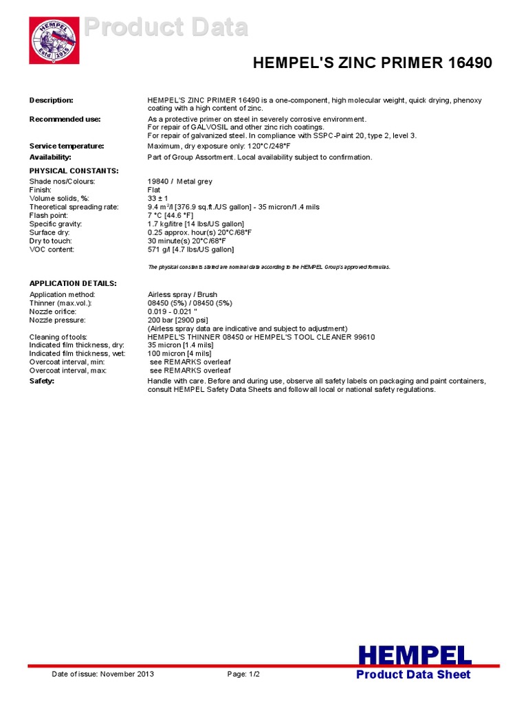 Hempel - S Zinc Primer 16490 | PDF