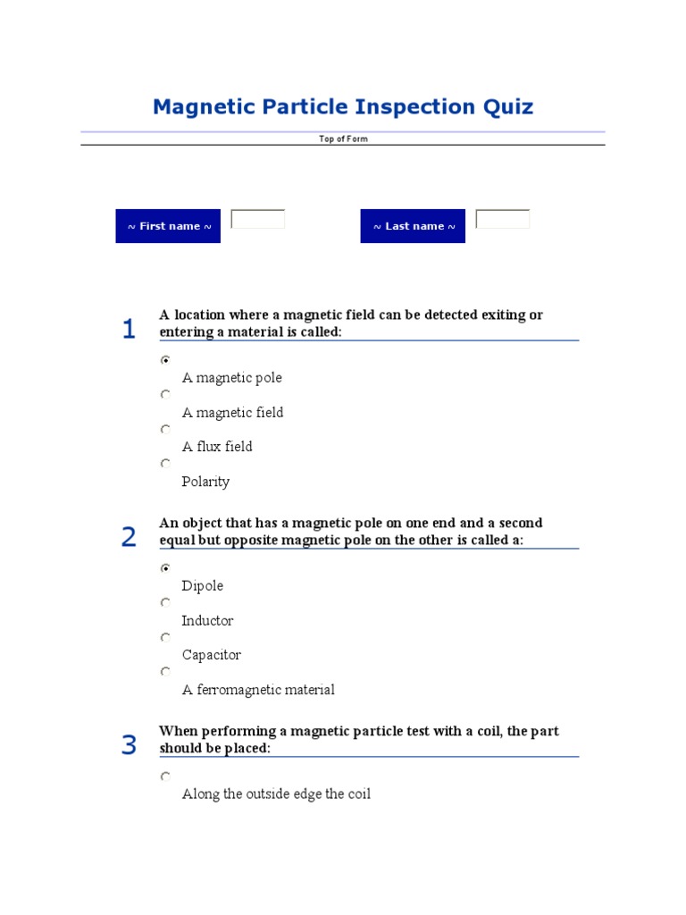 Magnetic Particle Inspection Quiz2 | PDF | Magnetic Field | Inductor