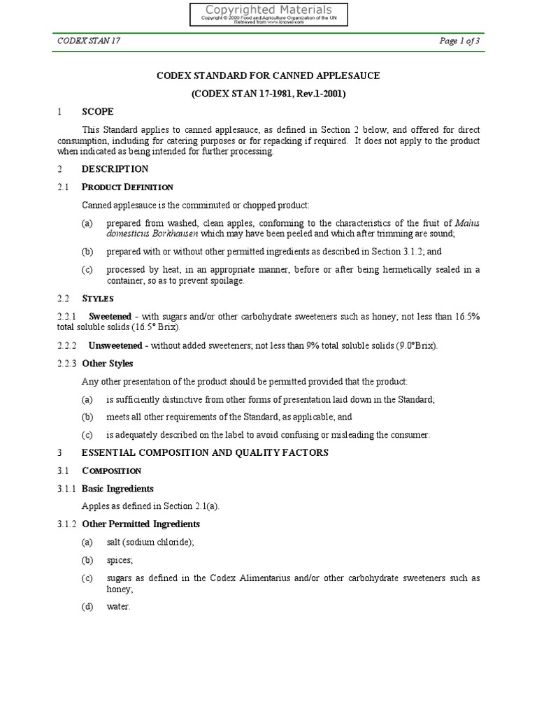 Codex Standard For Canned Applesauce (CODEX STAN 17-1981, Rev.1-2001 ...