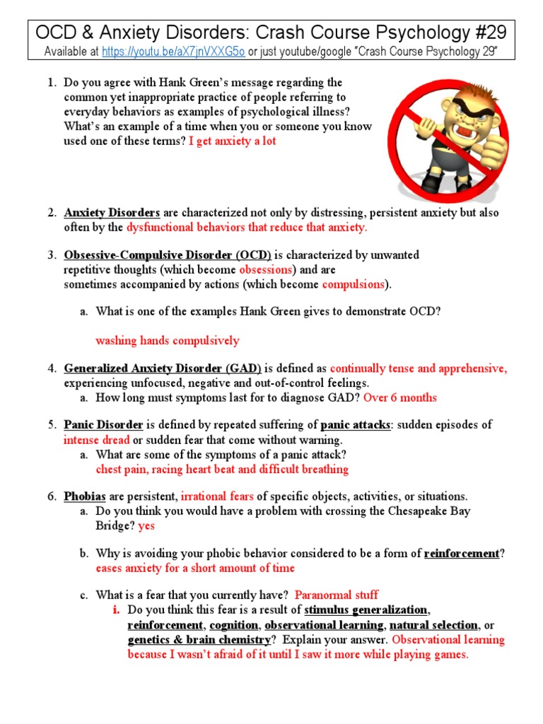 Crash Course Psychology 29 OCD and Anxiety Disorders | PDF | Self ...