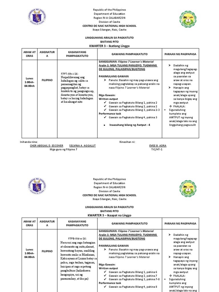 Filipino7 WHLP 3rdq Week3 4 | PDF