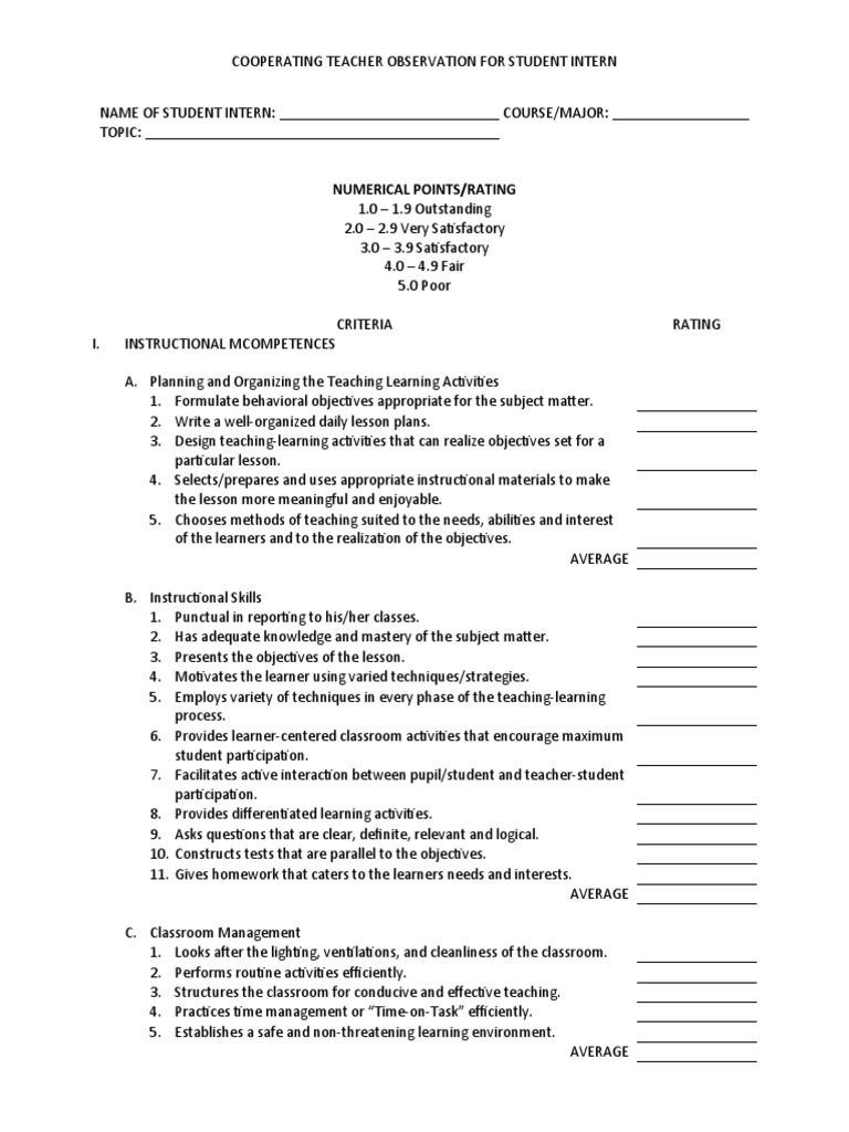 Cooperating Teacher Observation Form For Student Intern | PDF | Wellness