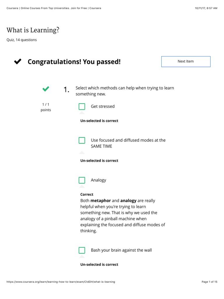 Coursera Learning How To Learn Week 1 Quiz | PDF | Brain | Memory