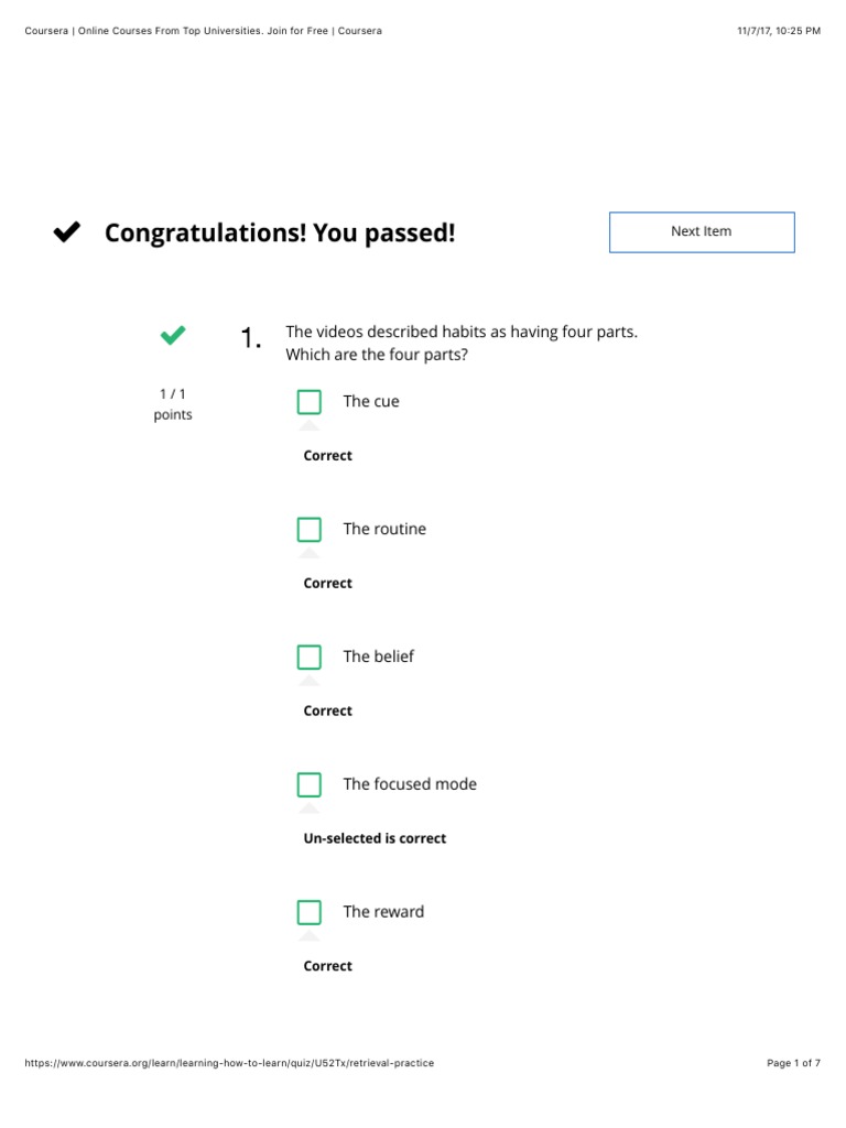 Coursera Learning How To Learn Week 3 Quiz 1 | PDF | Habits ...