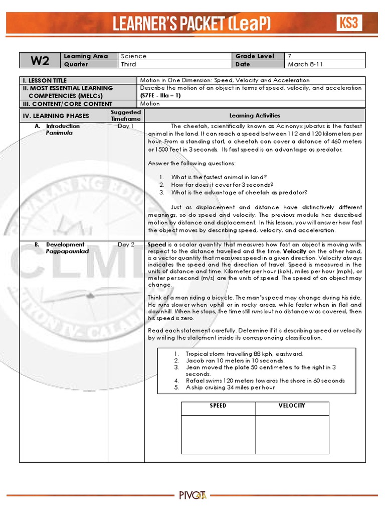 LeaP Science G7 Week 2 Q3 | PDF | Speed | Velocity