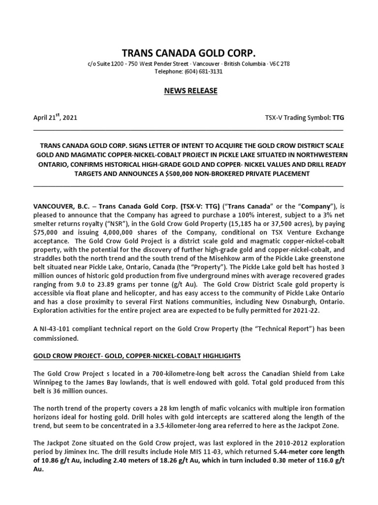 Trans Canada Gold Corp. Signs Letter of Intent To Acquire The Gold Crow ...