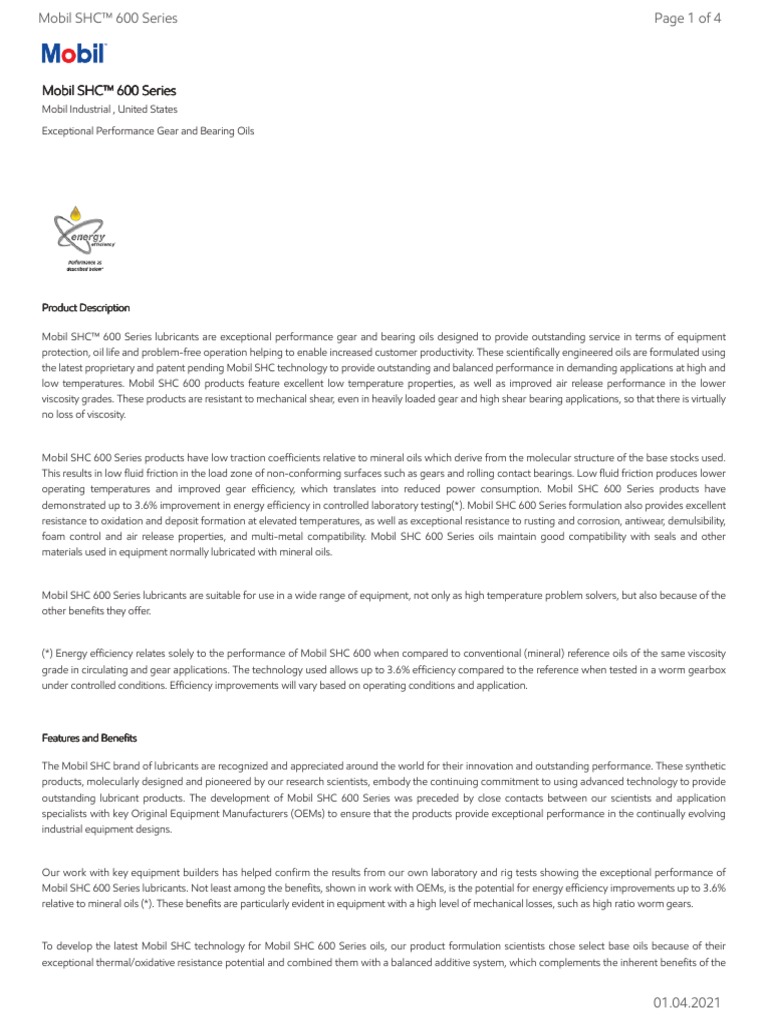 GL XX Mobil SHC 600 Series | PDF | Lubricant | Friction