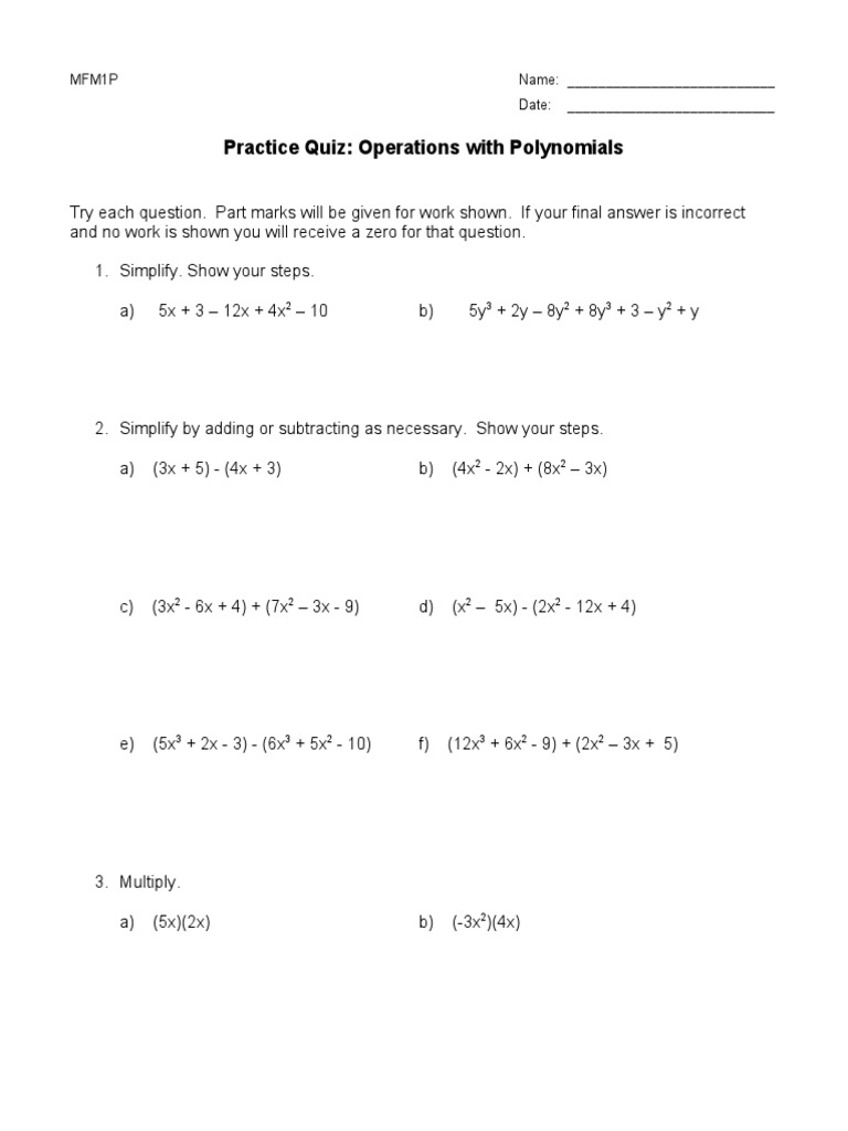 Practice Quiz Add Subtract Multiply Polynomials Modified Again PDF