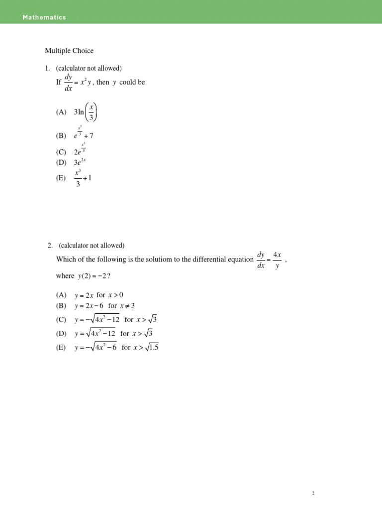 Calc Practice Test (Slope Fields and Differential Equations) | PDF ...