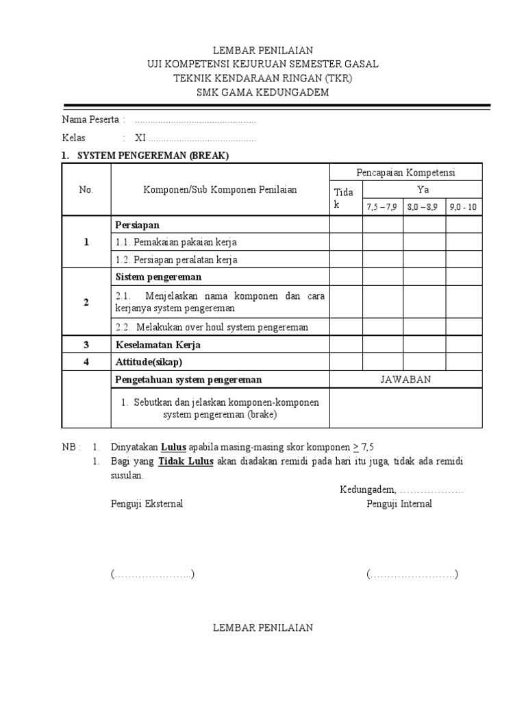 Lembar Penilaian Ukk Kelas 12 TKR 2020-2021 | PDF