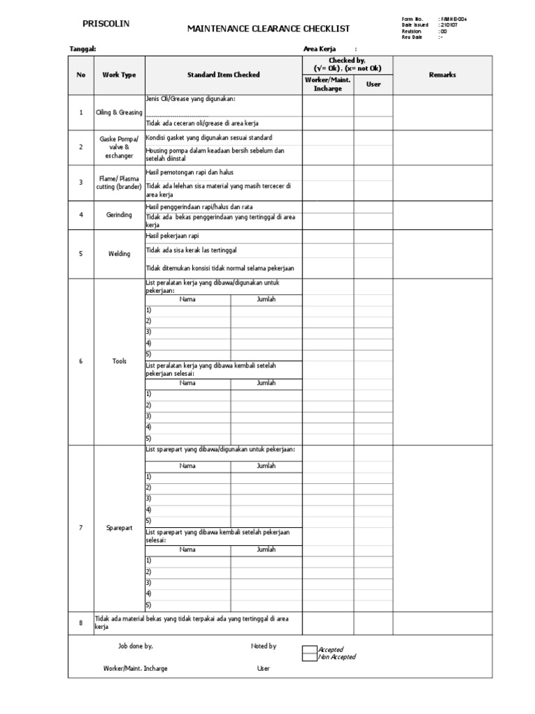 Maintenance Clearance Checklist | PDF