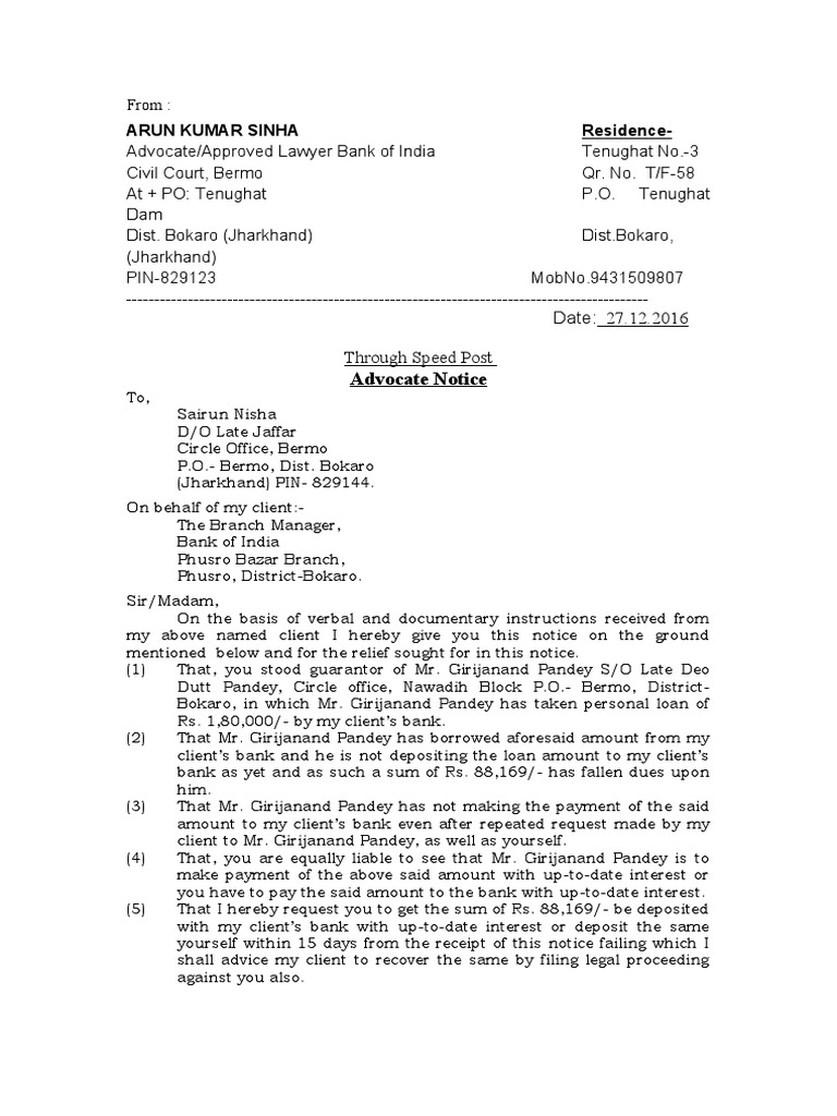 Arun Kumar Sinha Residence-: Advocate Notice | PDF | Banks | Banking
