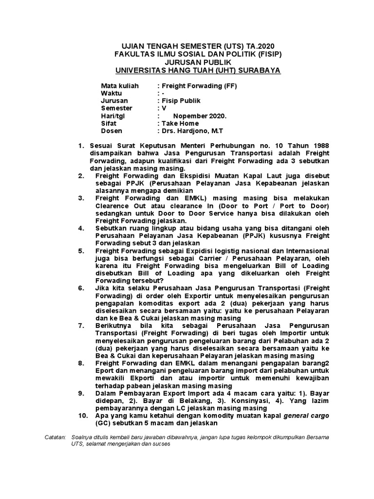 UTS FREIGHT FORWADING (FF) PUBLIK - Nur Vivi Dwi A. (20180510051) | PDF