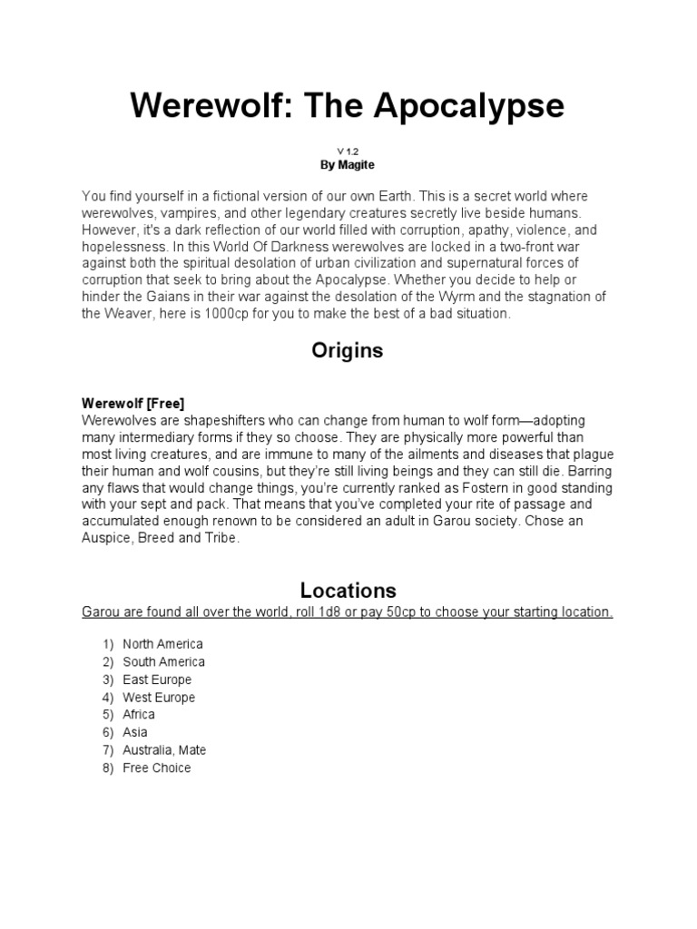 World of Darkness - Werewolf The Apocalypse JumpChain | PDF