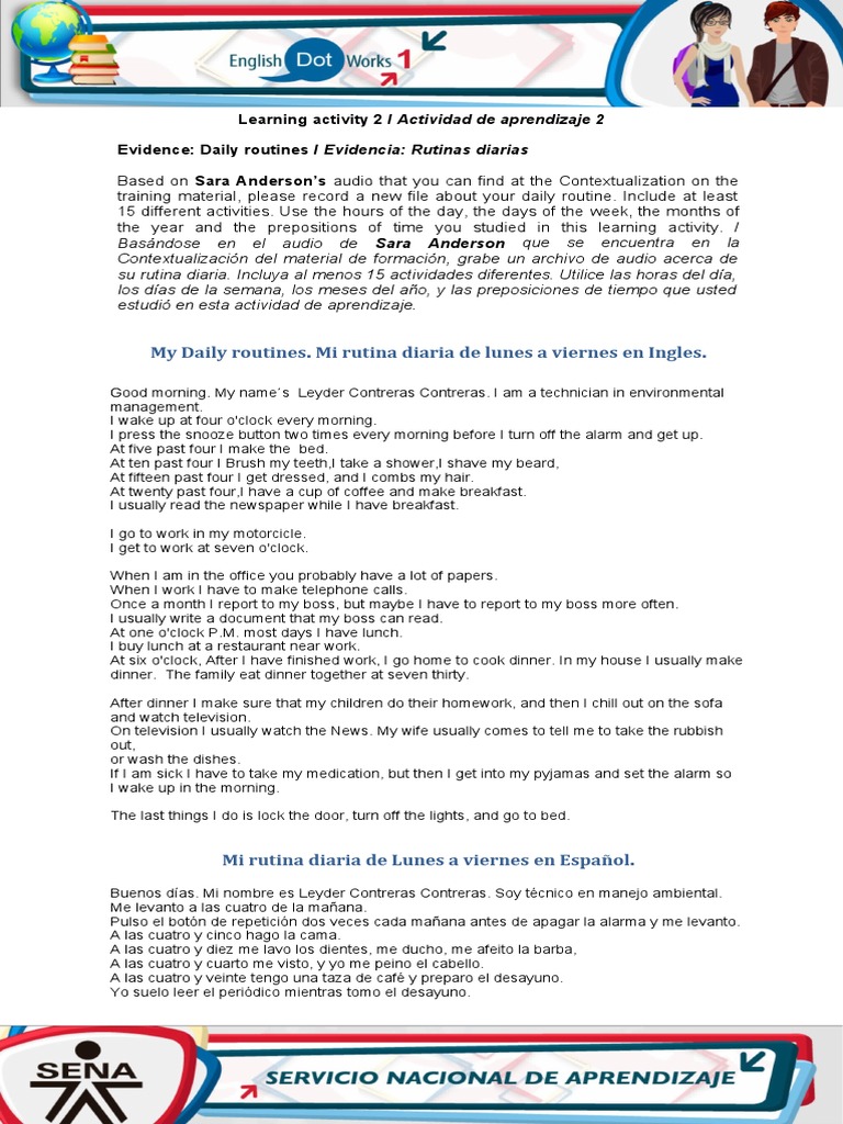 My Daily Routines. Mi Rutina Diaria de Lunes A Viernes en Ingles | PDF