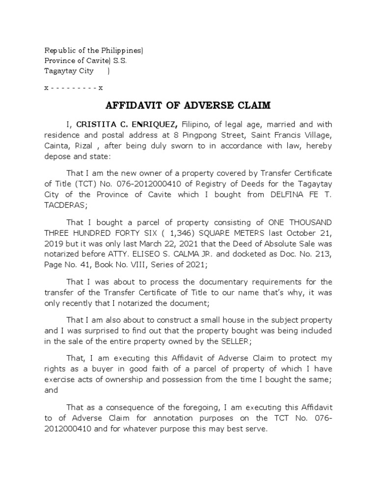 Affidavit of Adverse Claim in Tagaytay | PDF | Finance & Money ...