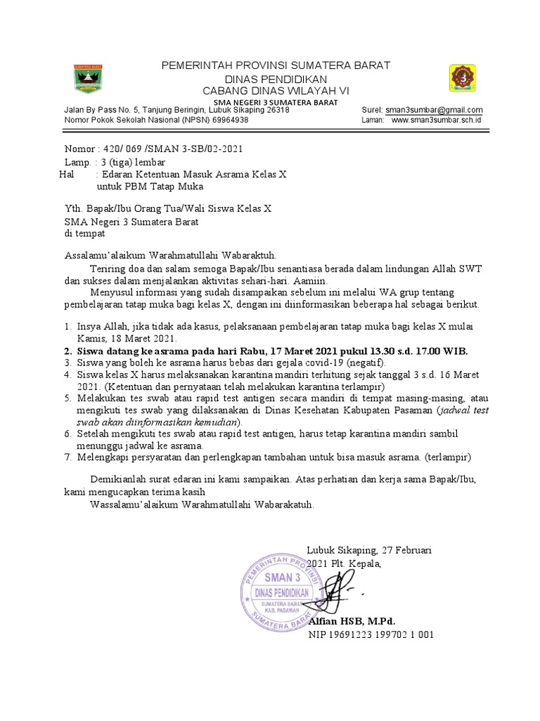 Surat Edaran Masuk Asrama SMAN 3 Sumbar-Ortu Kls X | PDF
