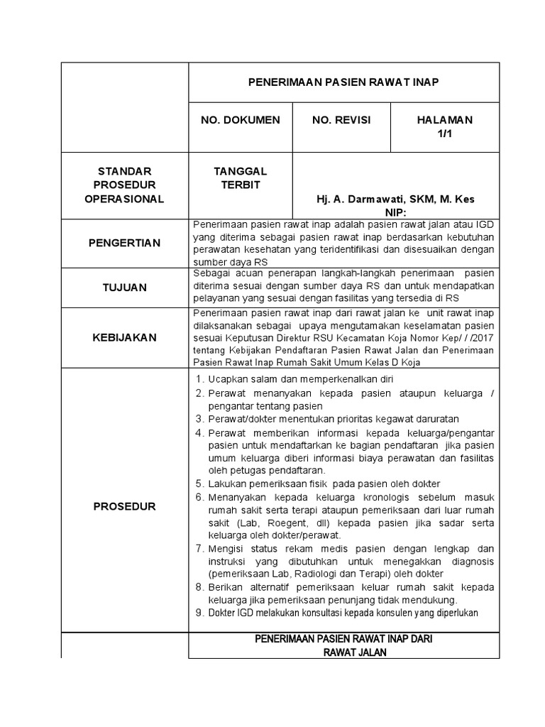 Sop Penerimaan Pasien Rawat Inap | PDF