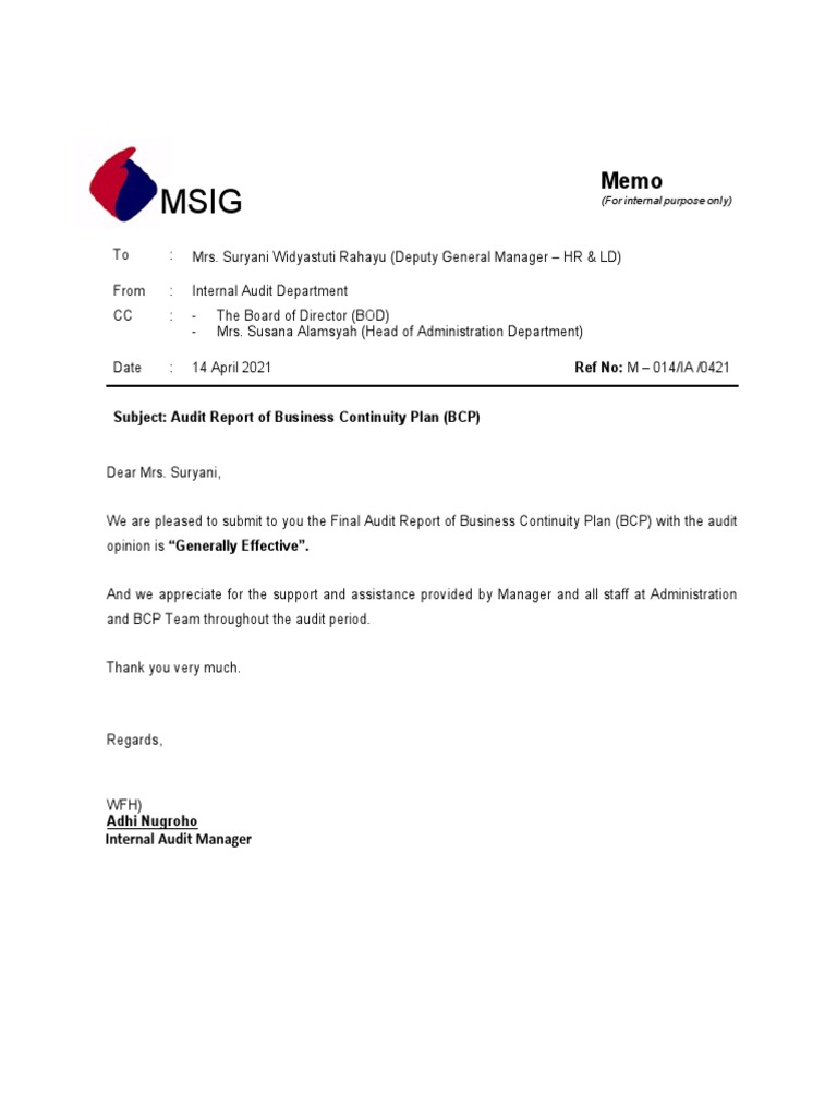 Memo Audit Report of BCP - Rev 140421 | PDF