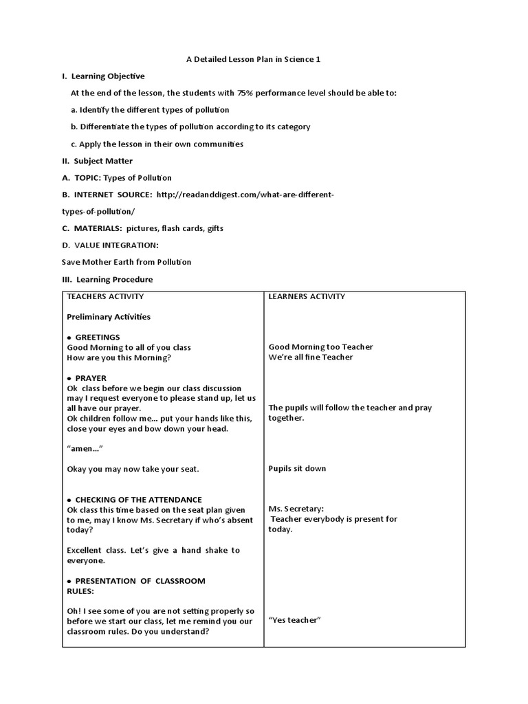 A Detailed Lesson Plan in Science 1 | PDF | Water Pollution ...