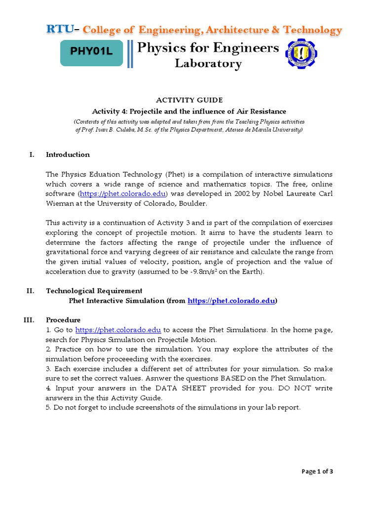 Activity 4 - Projectile and Air Resistance (Activity Guide) | PDF ...