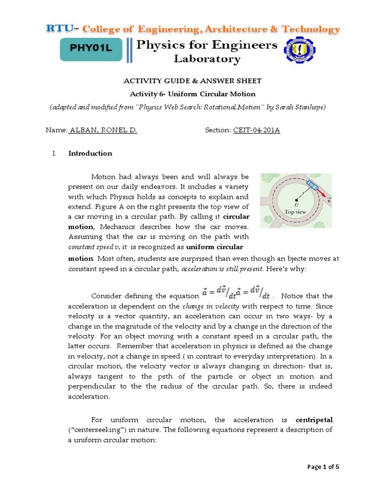 Activity Guide & Answer Sheet Activity 6-Uniform Circular Motion | PDF ...