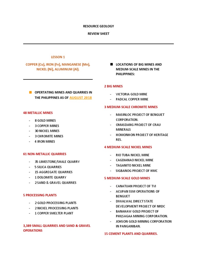 Resource Geology Review Sheet | Download Free PDF | Petrology | Geology