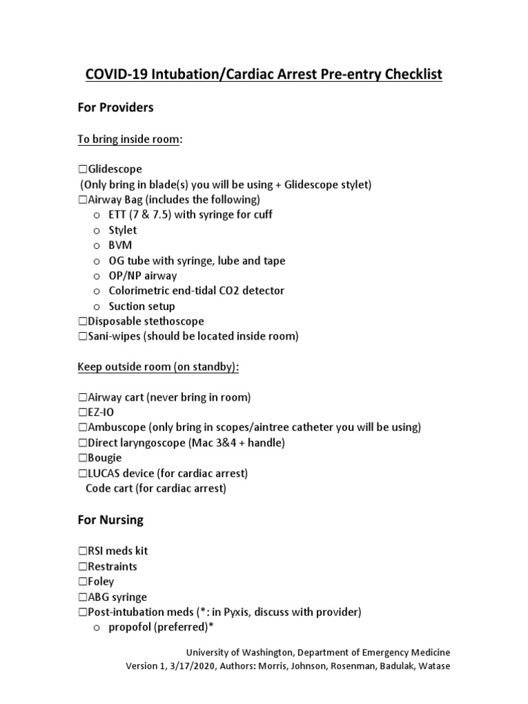 COVID-19 Intubation Cardiac Arrest Pre-Entry Checklist | PDF | Wellness