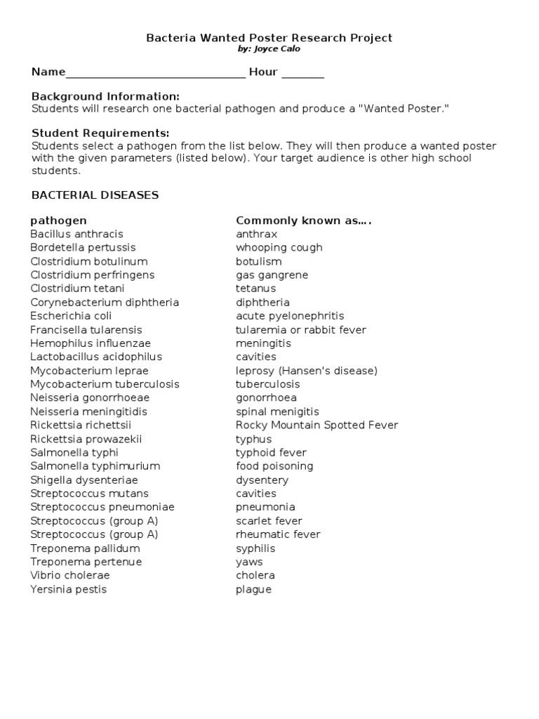 Bacteria Wanted Poster Project Guide | PDF | Clinical Pathology ...