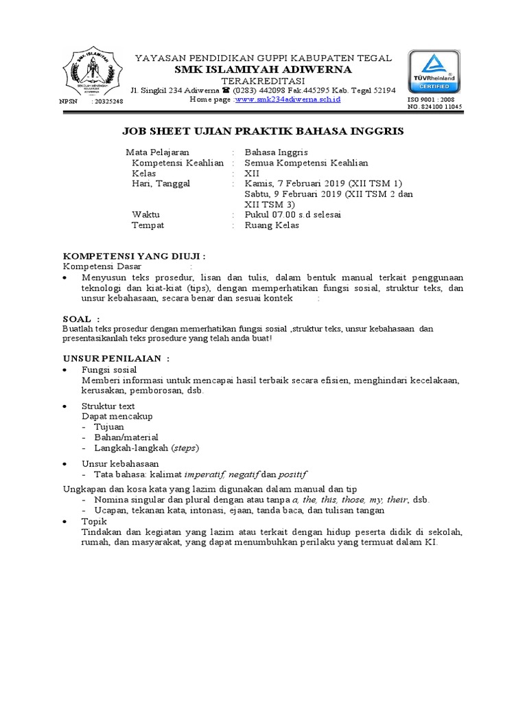 JOB SHEET B. Inggris Prosedur Praktek | PDF