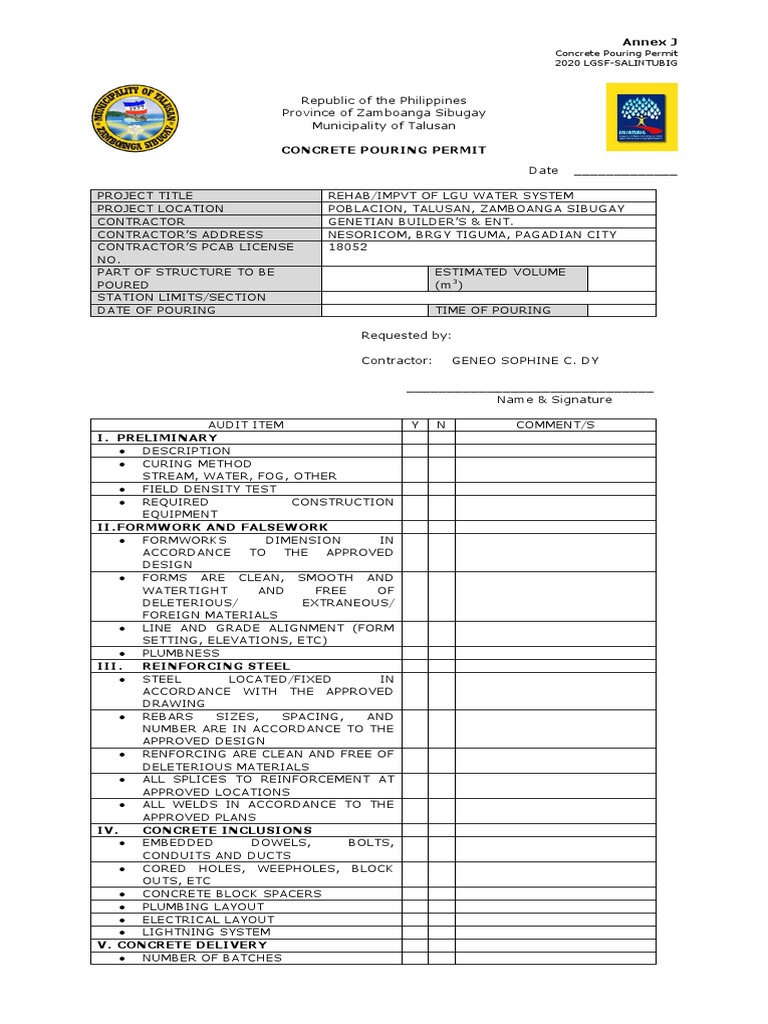 Annex J - Concrete Pouring Permit | PDF | Concrete | Building Materials