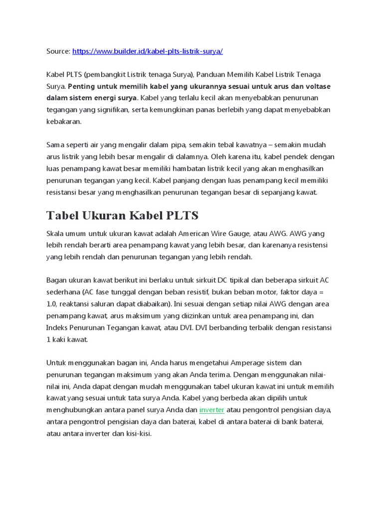 Panduan Kabel PLTS untuk Instalasi | PDF