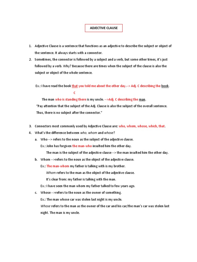 Adjective Clause-Complete Explanation | PDF | Adjective | Subject (Grammar)