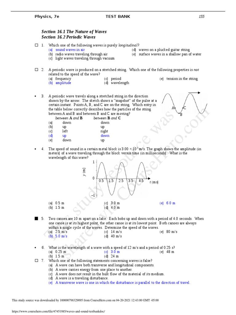 Waves and Sound Test Bank | PDF | Waves | Sound