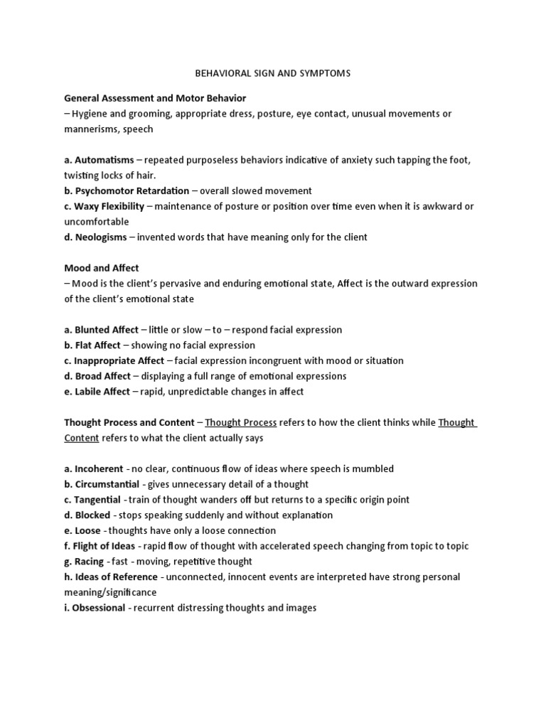Behavioral Sign and Symptoms | PDF | Communication | Thought