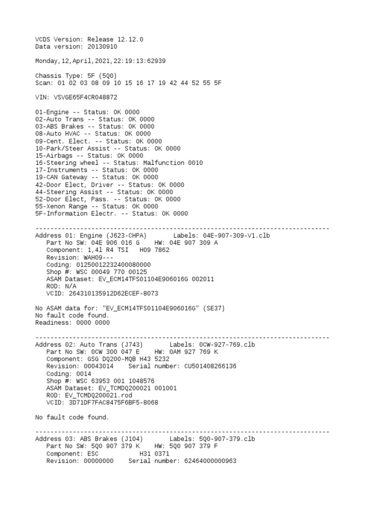 VCDS Scan of Volkswagen Golf with Multiple System Fault Codes | PDF ...