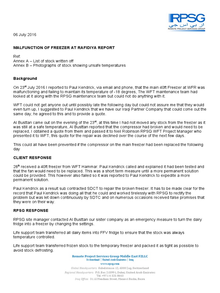 Freezer Malfunction Report | PDF | Refrigerator | Food And Drink