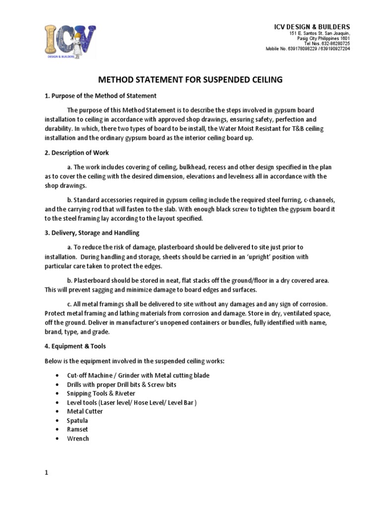 Method Statement For Detailed Suspended Ceiling Cebu | PDF | Drywall ...