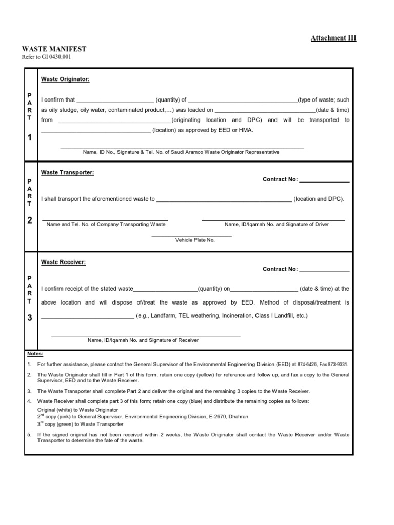 Waste Manifest Document Detailing the Transfer of Waste Materials from ...