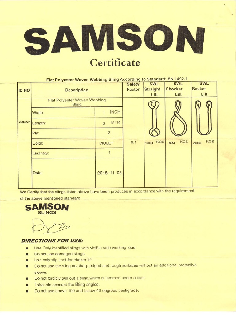 Webbing Sling Certificate 3 | PDF